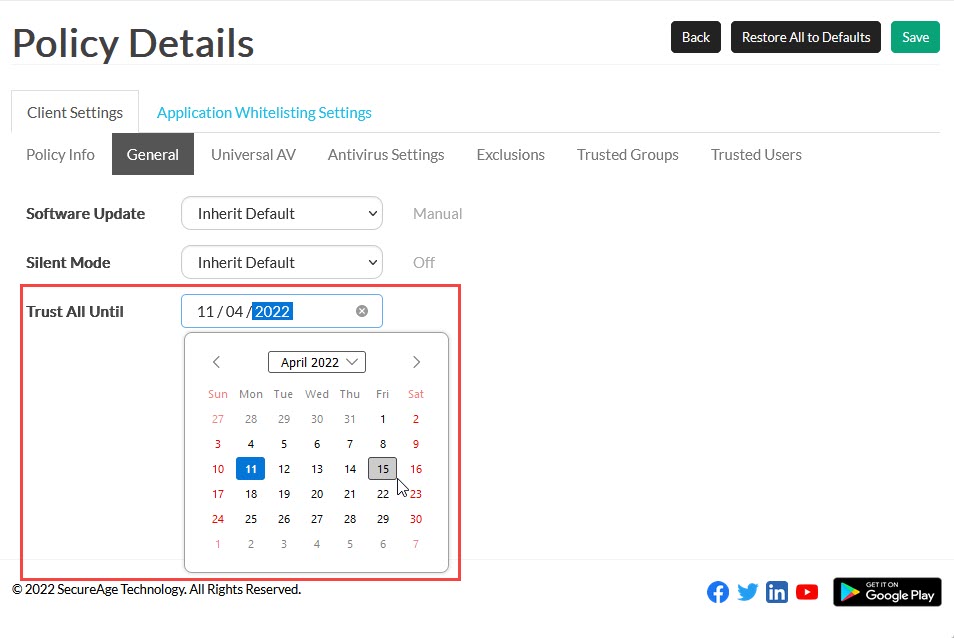 Setting Trust All Until in SecureAPlus Policy